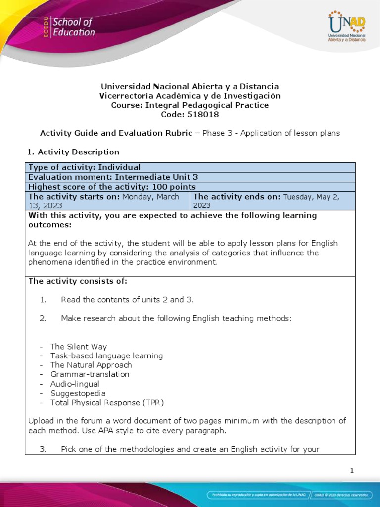 Activity Guide and Evaluation Rubric - Phase 3 - Application of Lesson Plans | PDF | Lesson Plan ...