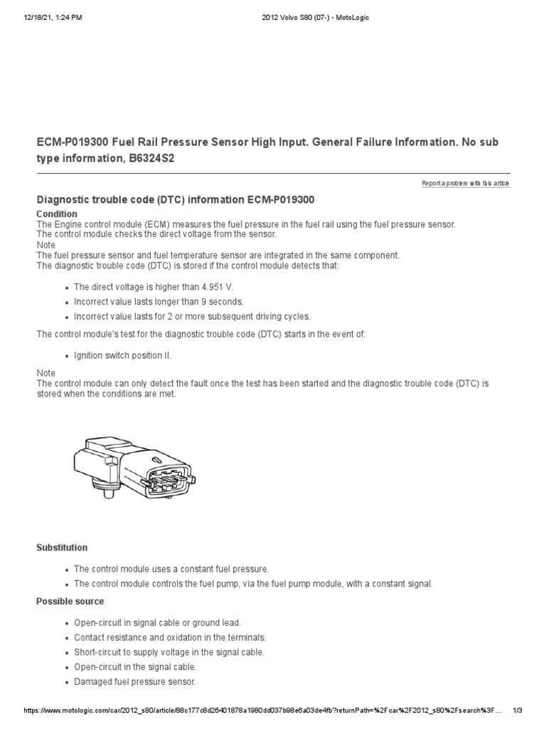Volvo S80 DTC P019300 Overview | PDF | Information | Sensor