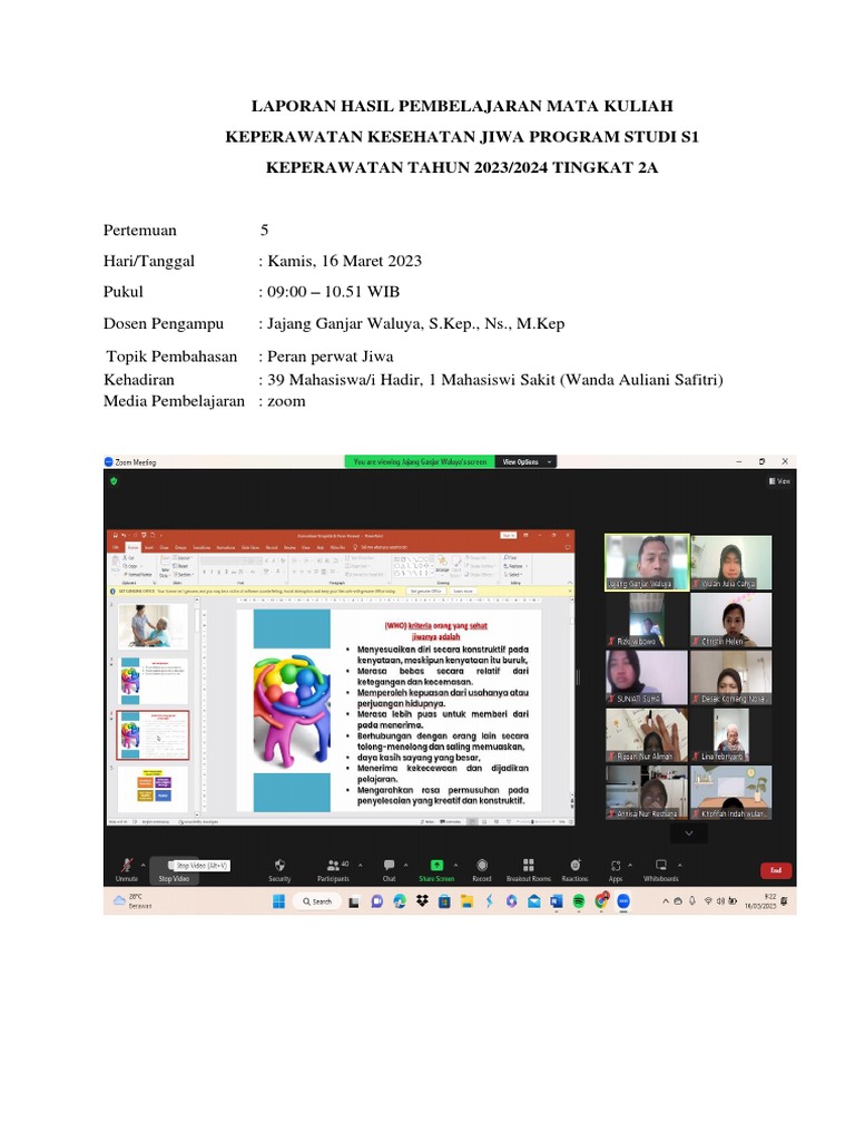 Laporan Hasil 5 Pembelajaran MK Kep Kes Jiwa Program Studi S1 Keperawatan Tahun 2023 | PDF