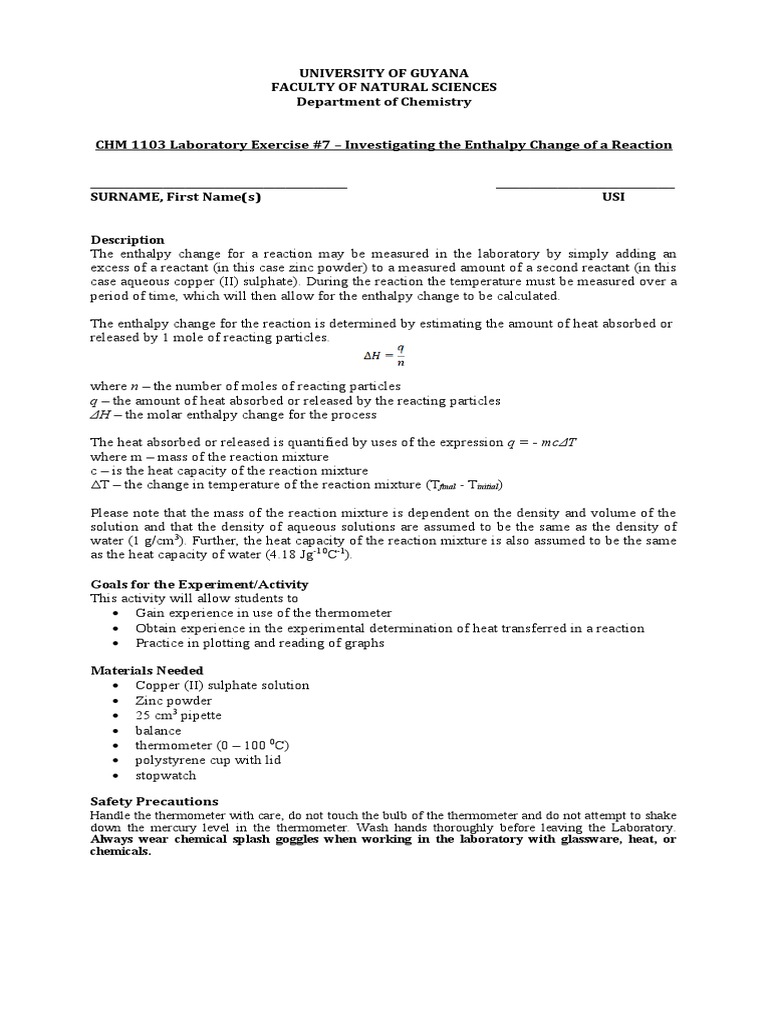 LAB#7 - Enthalpy Change of A Reaction | PDF | Enthalpy | Heat