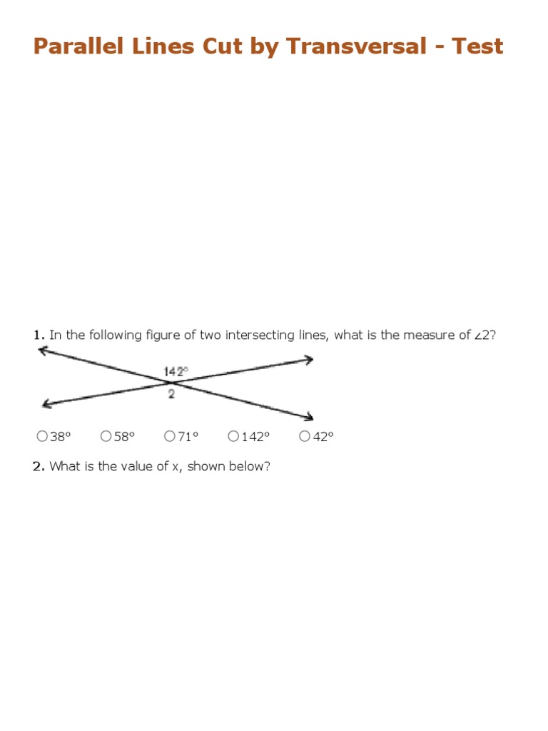 Parallel Lines Cut by Transversal - Test | PDF | Angle | Geometry