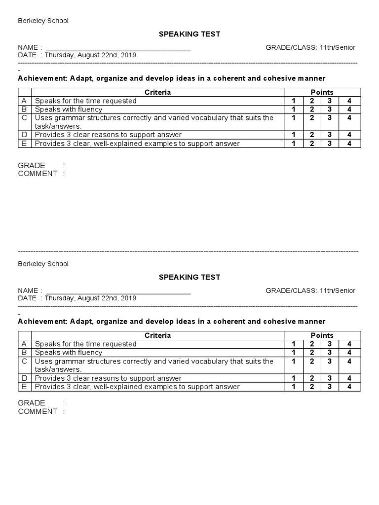 Berkeley School Speaking Test Template | PDF | Applied Linguistics ...