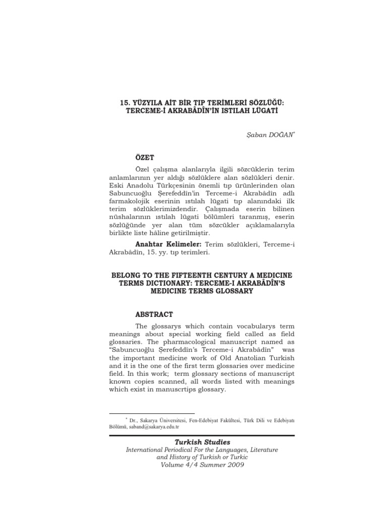 1015-15.yuzyila Ait Bir Tip Terimleri Sozlughu Tercumei Akrabadinin ...