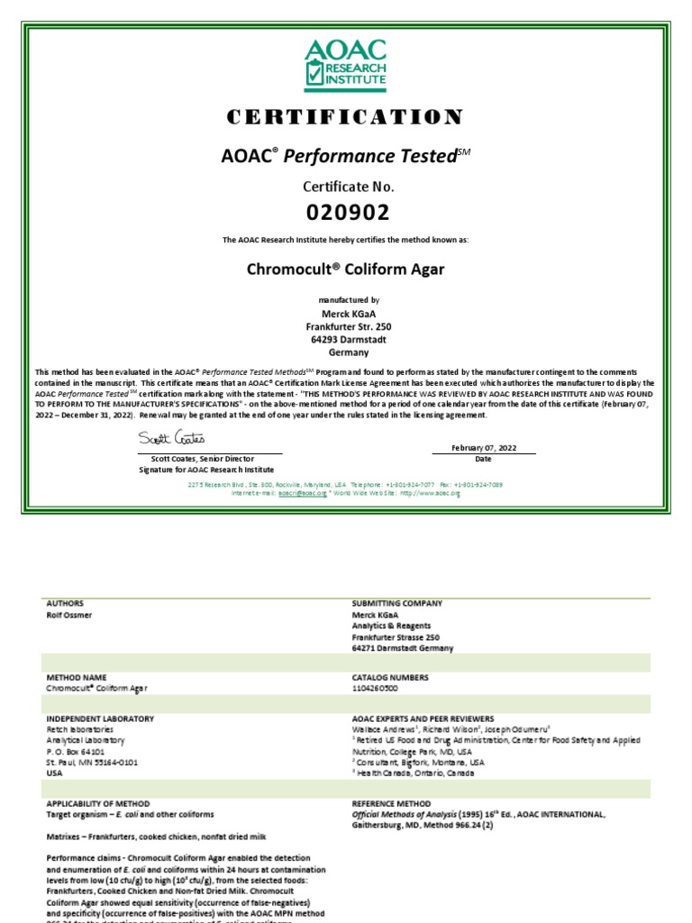 Chromocult Coliform Agar - AOAC Cert 2022 PDF | PDF | Escherichia Coli ...