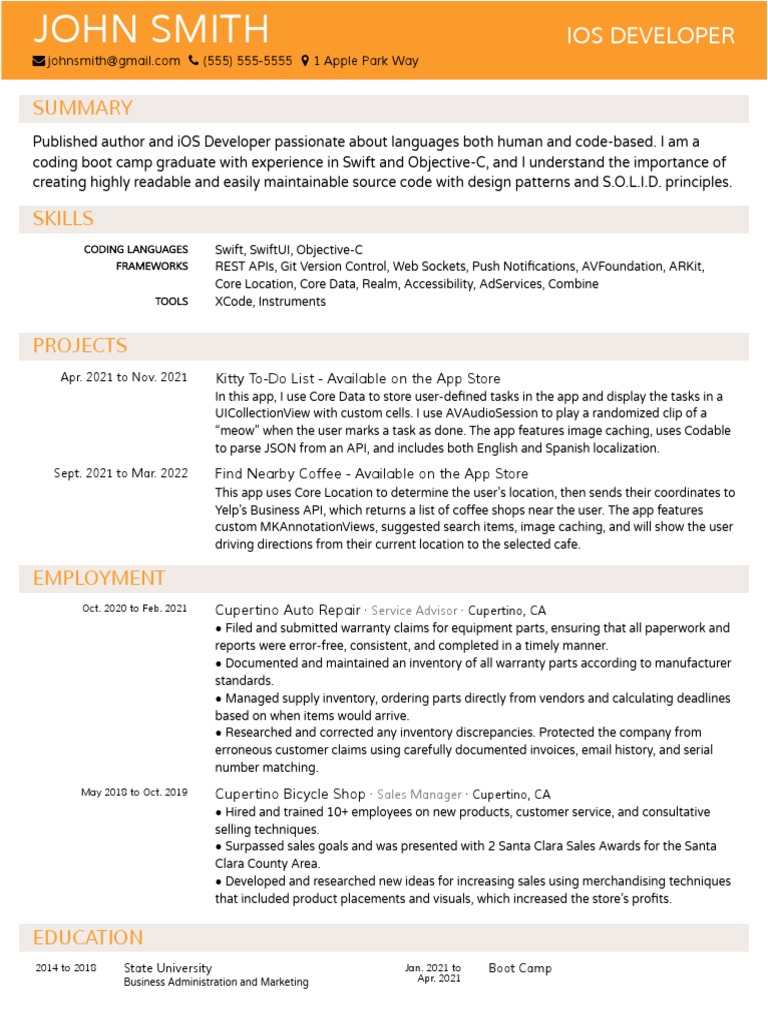 iOS Developer John Smith Resume | PDF | Swift (Programming Language) | Ios