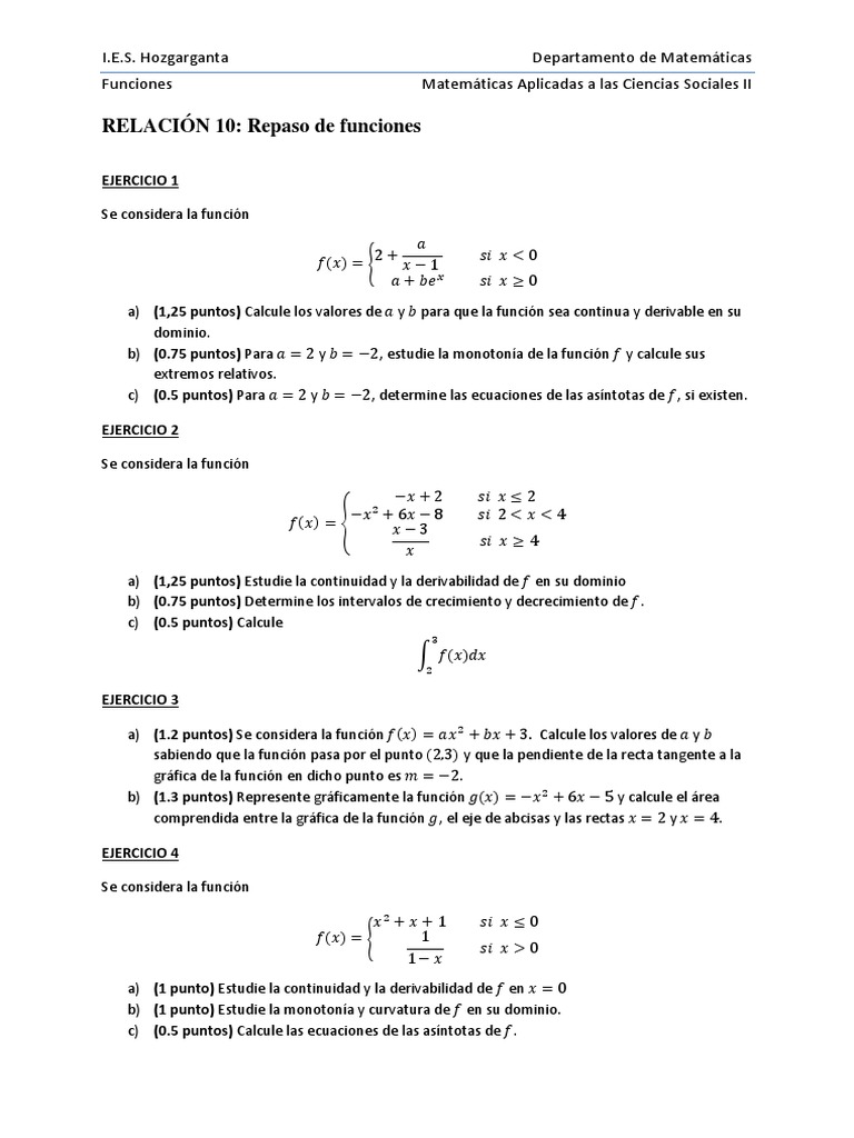 RELACIÓN 10: Repaso de Funciones: Ejercicio 1 | PDF | Asíntota | Derivado