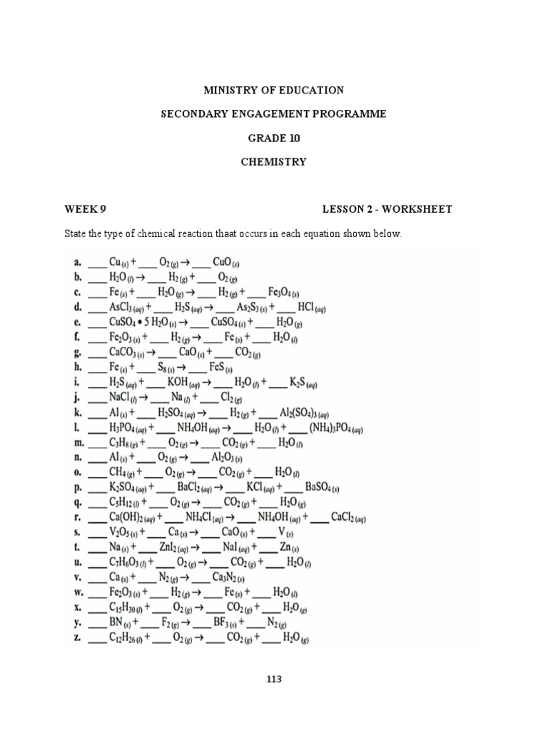 Grade 10 Chemistry Worksheet - Week 9 | PDF
