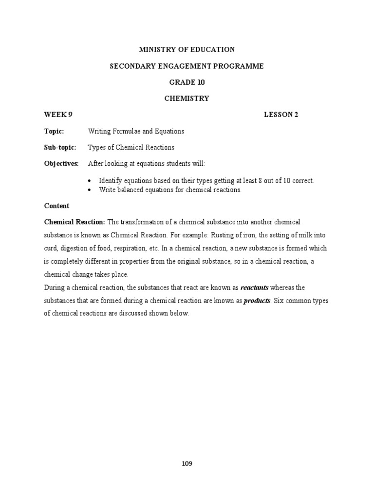 Grade 10 Chemistry Week 9 Lesson 2 | PDF | Chemical Reactions | Chemical Substances