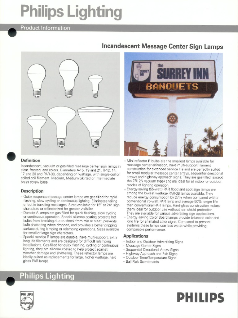 Philips Incandescent Message Center Sign Lamps Bulletin 8-89 | PDF