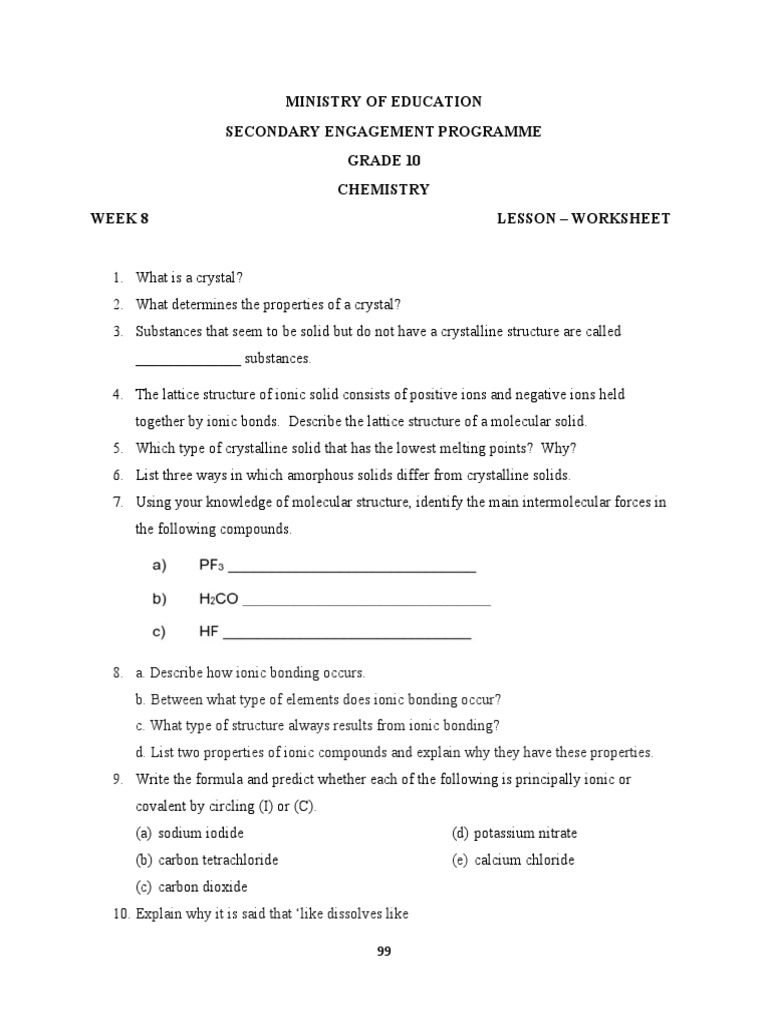 Grade 10 Chemistry Week 8 Lesson 1 Worksheet 1 and Solutions | PDF ...