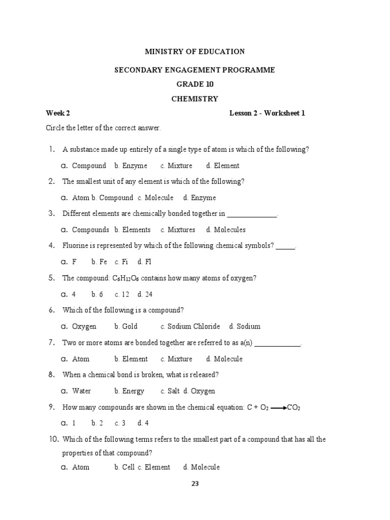 Grade 10 Chemistry Worksheet 1 | PDF | Chemical Compounds | Chemistry