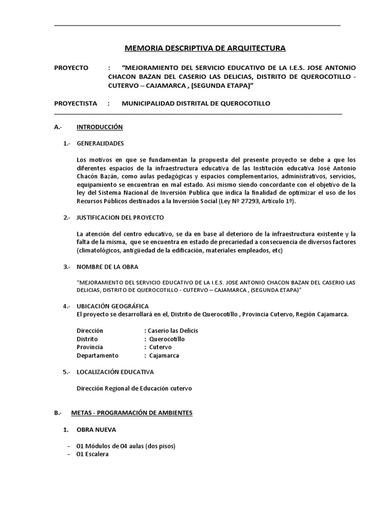 Memoria Descriptiva Arquitectura IE Nº11028 | PDF