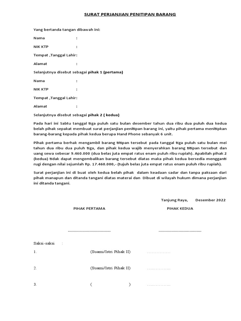 Surat Perjanjian Penitipan Barang | PDF