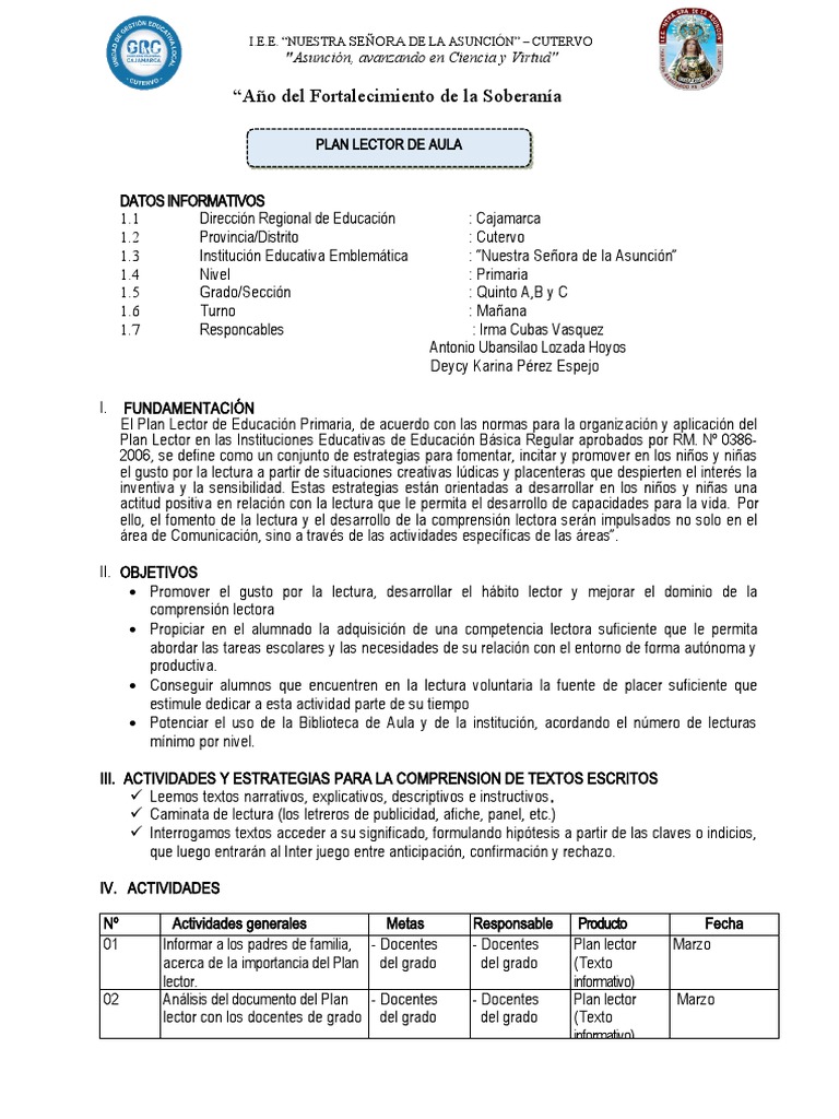 Plan Lector Quinto Grado 2022 Pdf Educación Primaria