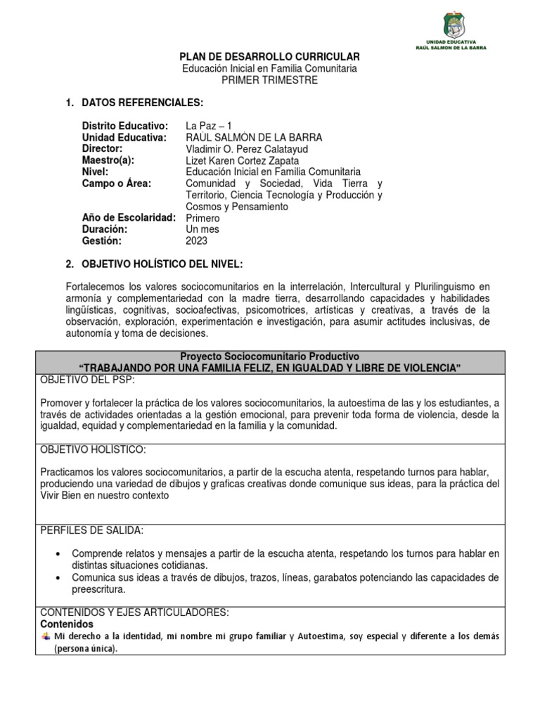 Plan de Desarrollo Curricular 2023 | PDF | Higiene | Educación de la primera infancia