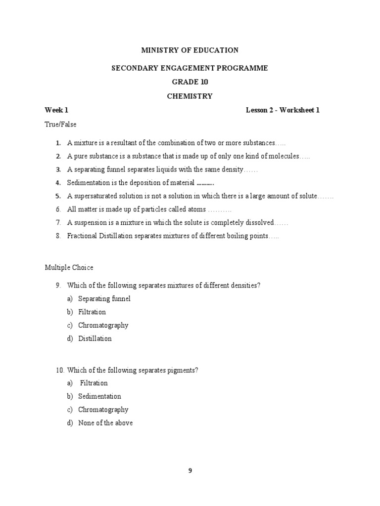 Grade 10 Chemistry Worksheet Answers | PDF | Mixture | Chemistry