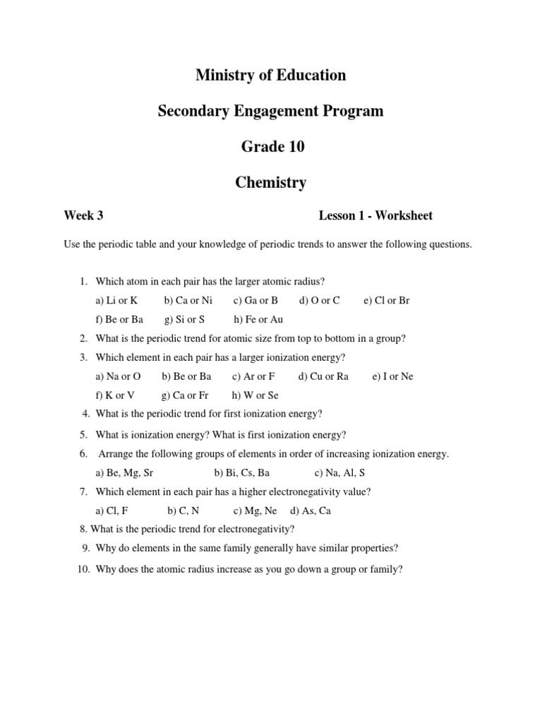 Grade 10 Chemistry Week 3 Lesson 1 Worksheet 1 and Solutions | PDF ...