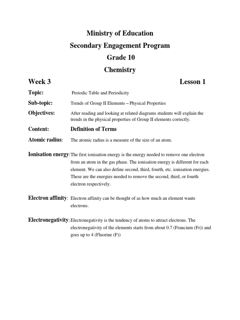 Grade 10 Chemistry Week 3 Lesson 1 | PDF | Periodic Table | Atomic Nucleus Grade 10 Chemistry Week 3 Lesson 1 | PDF | Periodic Table | Atomic Nucleus
