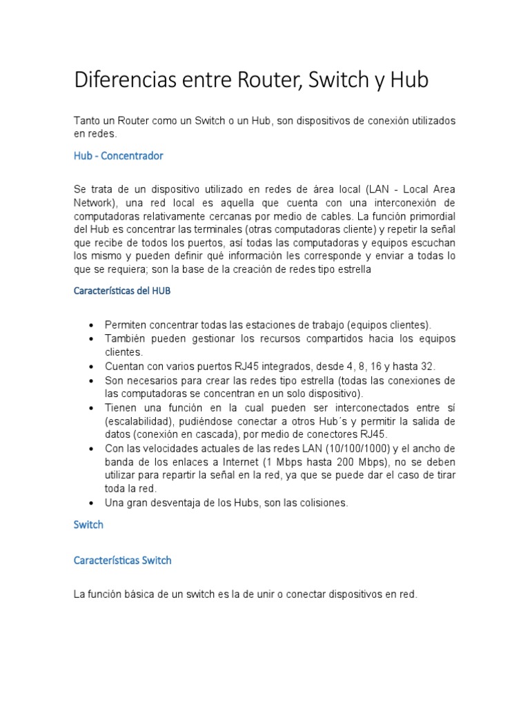 Diferencias Router, Switch y Hub | PDF | Enrutador (Computación) | Conmutador de red