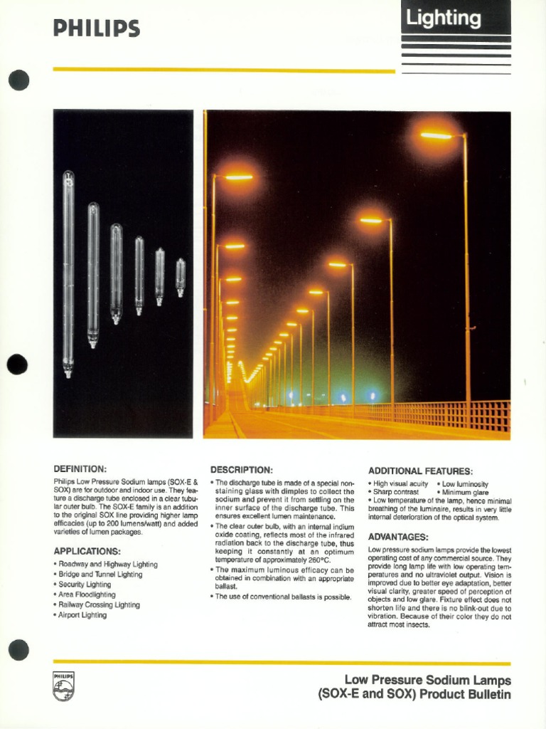 Philips Low Pressure Sodium (SOX) Lamps Bulletin 2-88 | PDF