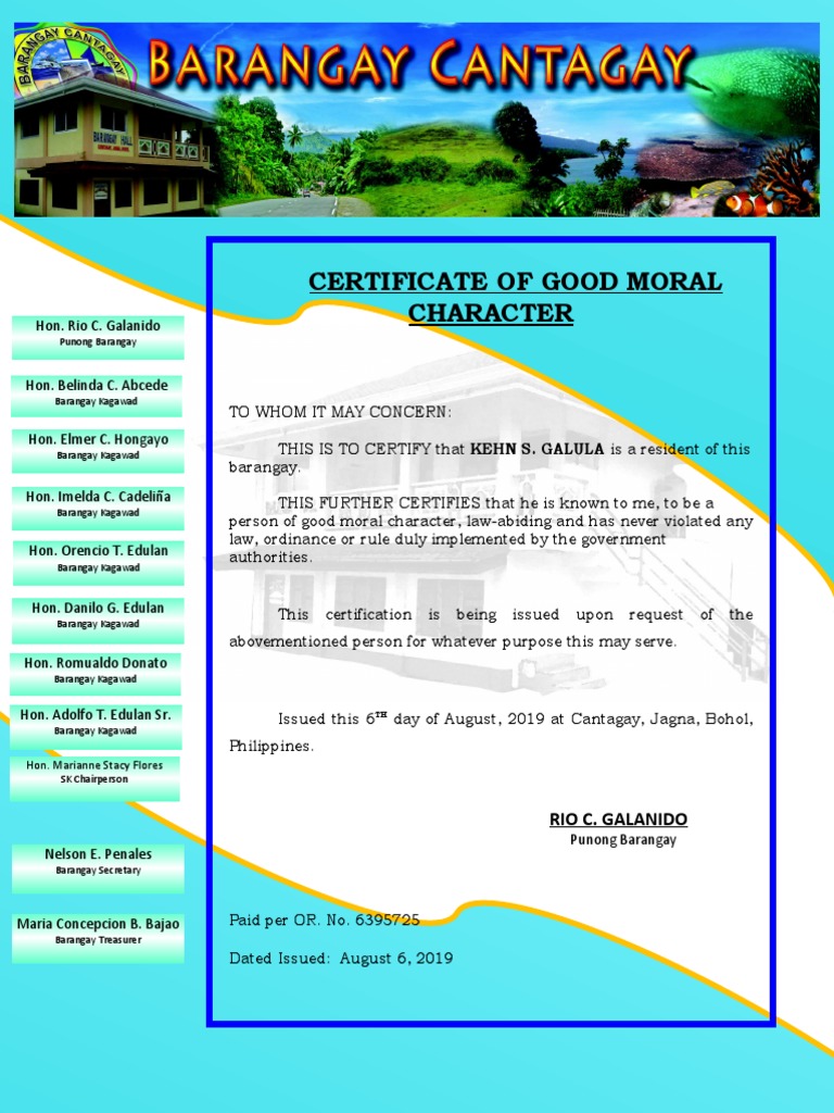 Barangay Certificate of Good Moral Character | PDF
