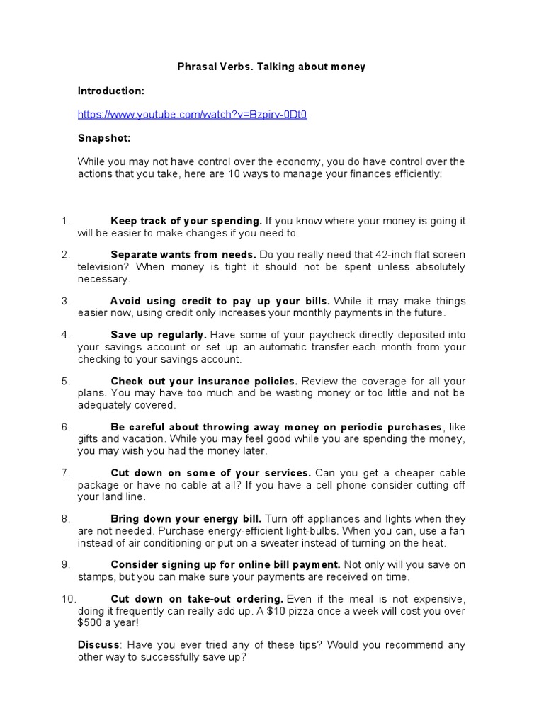 Phrasal Verbs for Managing Money | PDF | Verb | Preposition And ...