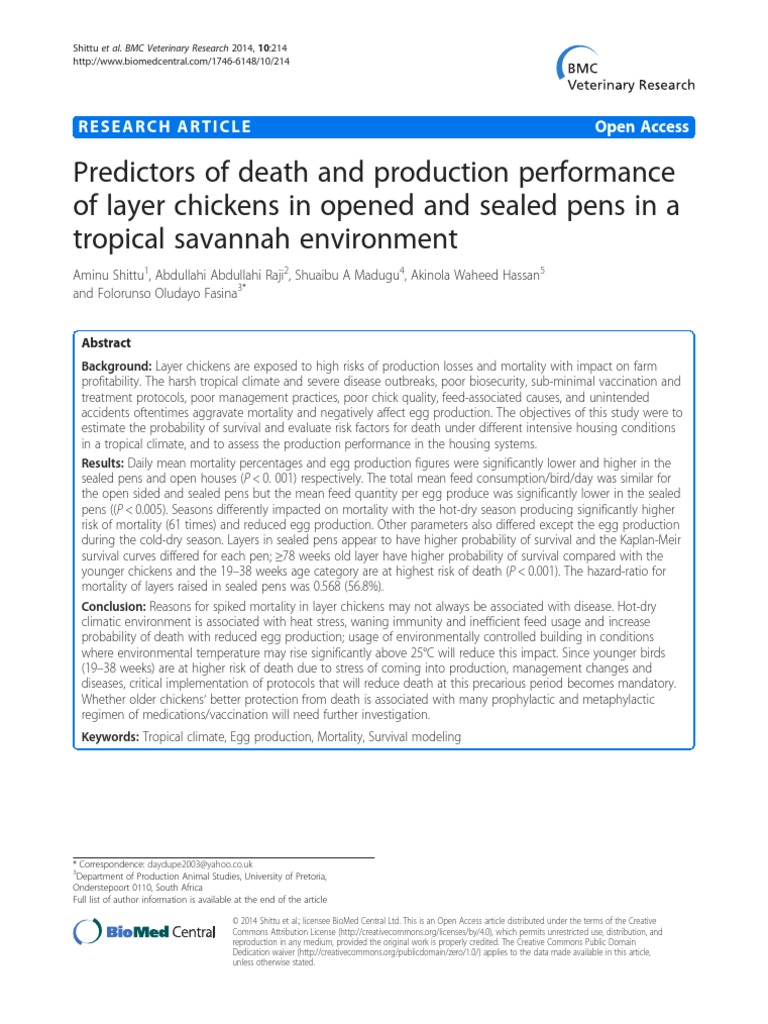 Predictors of Death and Production Performance of Layer Chickens in ...