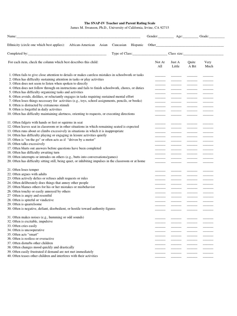 SNAP-IV ADHD Rating Scale Form | PDF | Attention Deficit Hyperactivity ...