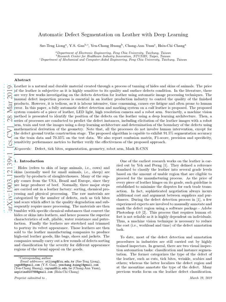 Automatic Defect Segmentation On Leather With Deep Learning: A B, B C A | PDF | Sensitivity And ...