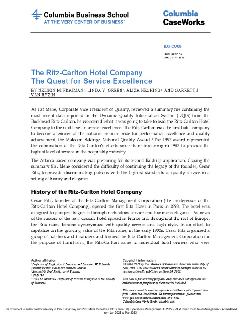 The Ritz-Carlton Hotel Company The Quest For Service Excellence | PDF | Hotel | Economies