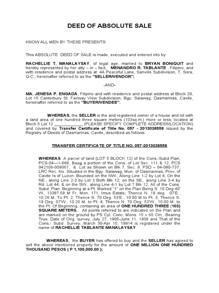 Absolute Deed of Sale Property | PDF | Conveyancing | Environmental Law