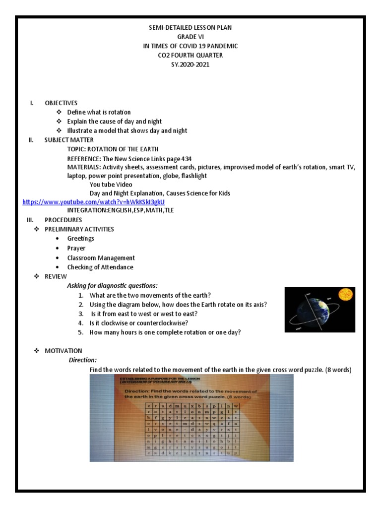 Grade Vi Semi Detailed Lesson Plan On Earths Rotation | PDF | Rotation ...