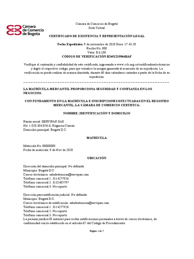 Certificado de Existencia y Representación Legal SERVIPAN SAS | PDF | Sociedad