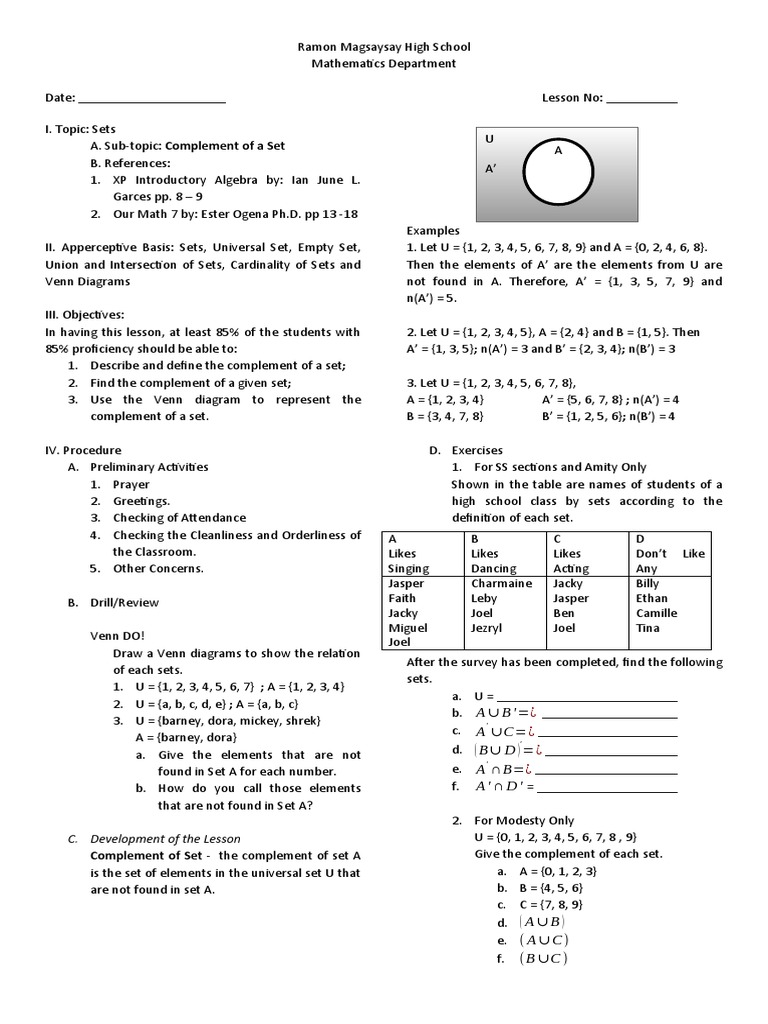 Lesson Plan in Complement of A Set | PDF