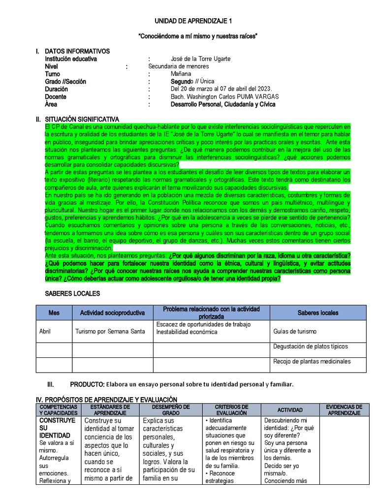 Unidad de Aprendizaje 1 DPCC - 2° 2023 | PDF | Aprendizaje | Las emociones