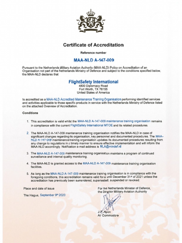MAA-NLD Accreditation for FlightSafety International | PDF | Government