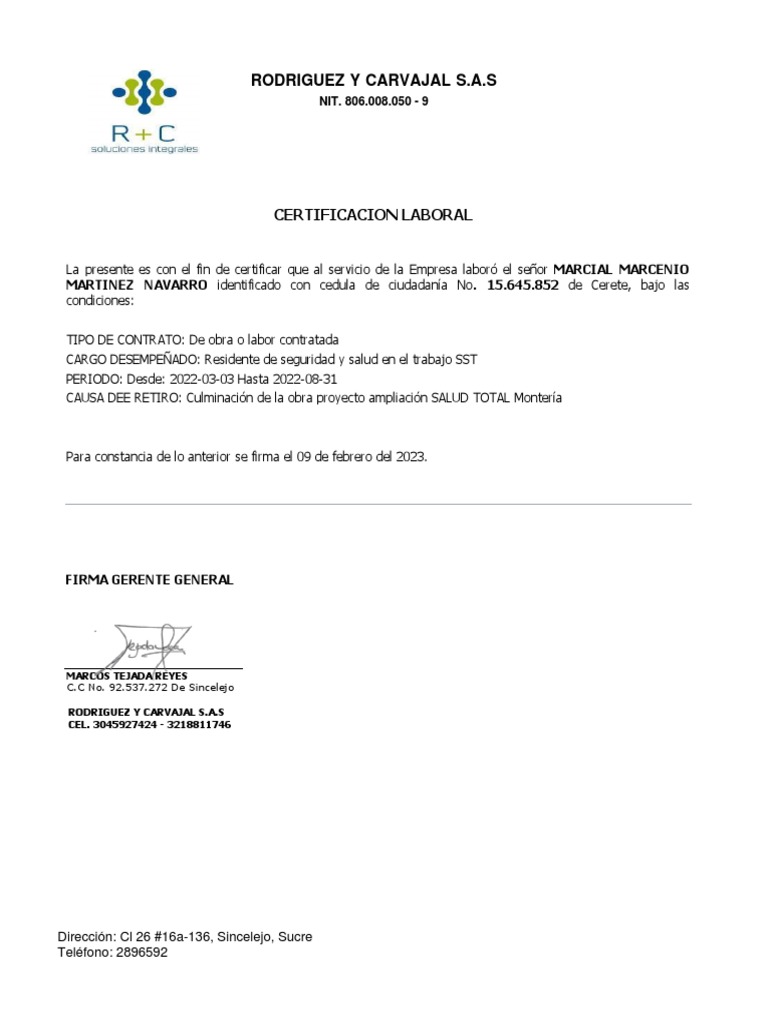 Certificado Laboral R&C | PDF