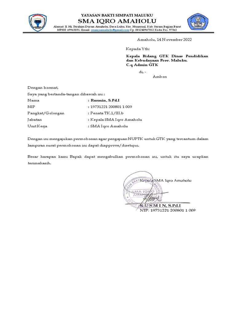 Surat Permohonan Approve NUPTK | PDF