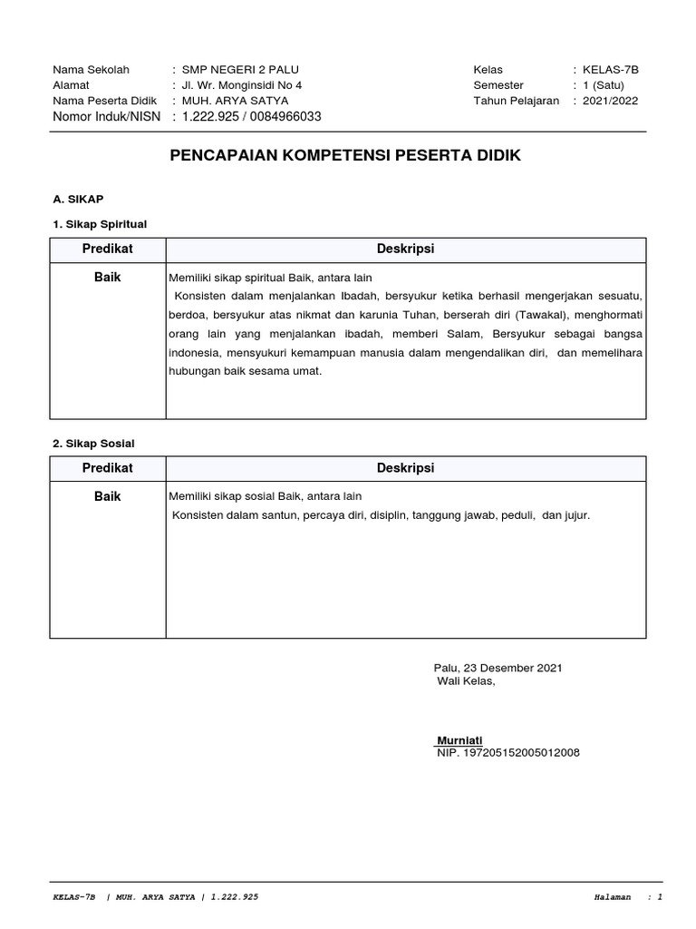 Rapor Muh. Arya Satya 20211 | PDF
