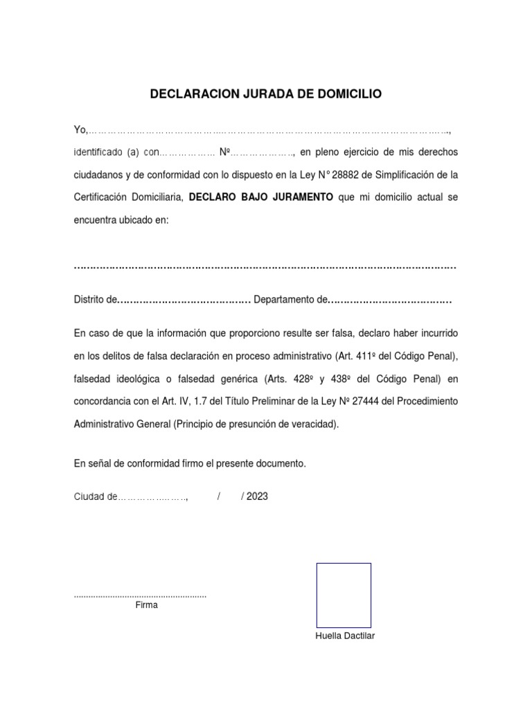 Declaración jurada de domicilio modelo | PDF