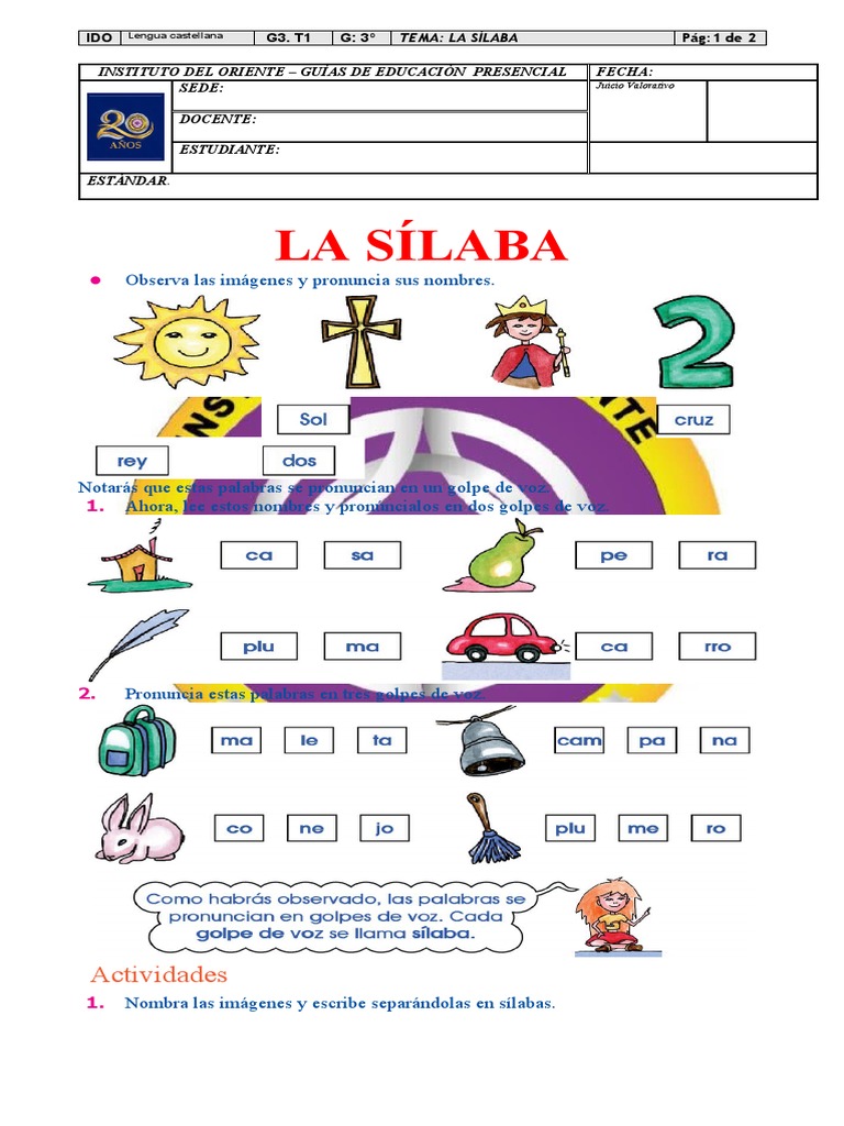 Guía 3. Segundo. Primer Trimestre. | PDF | Sílaba | Fonología