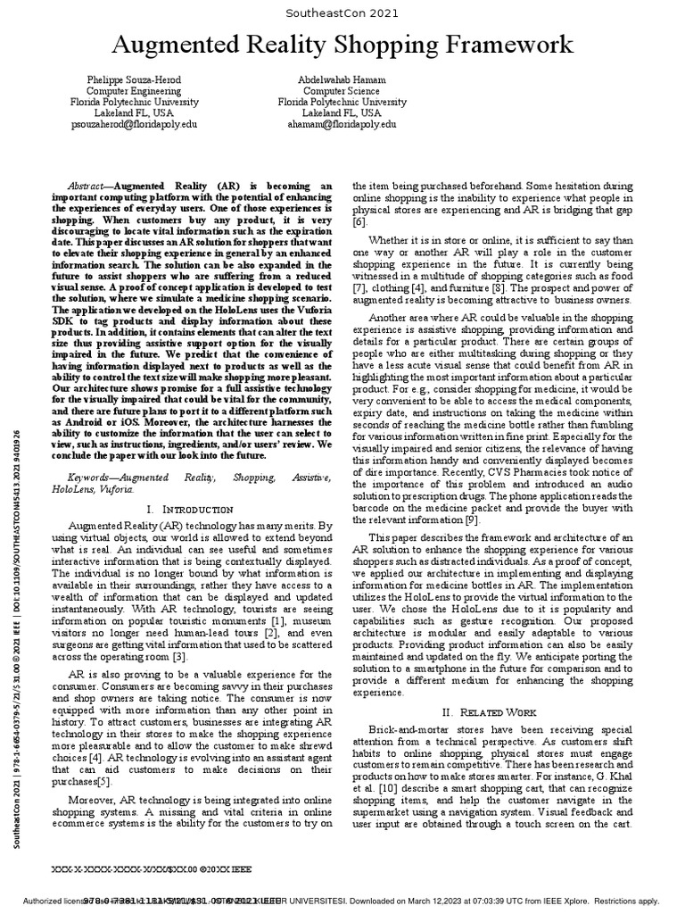 Augmented Reality Shopping Framework | PDF | Augmented Reality | Computing