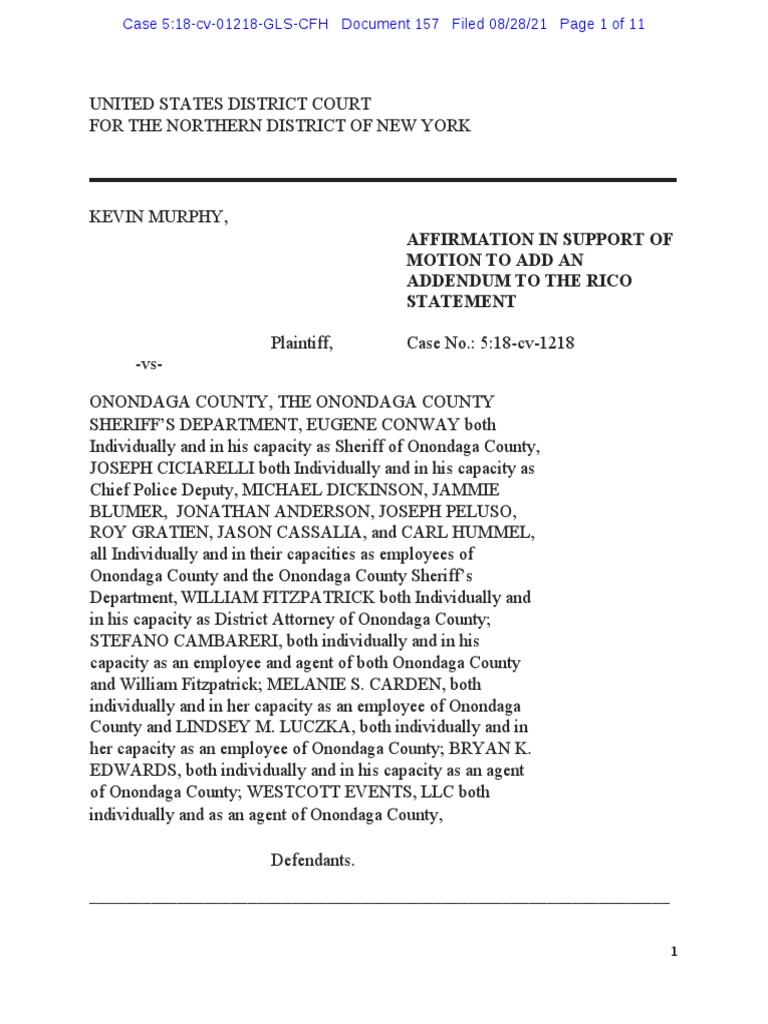 Kevin Murphy V Onondaga County (Doc 157) Criminal Acts Implicate Dominick Albanese | PDF ...