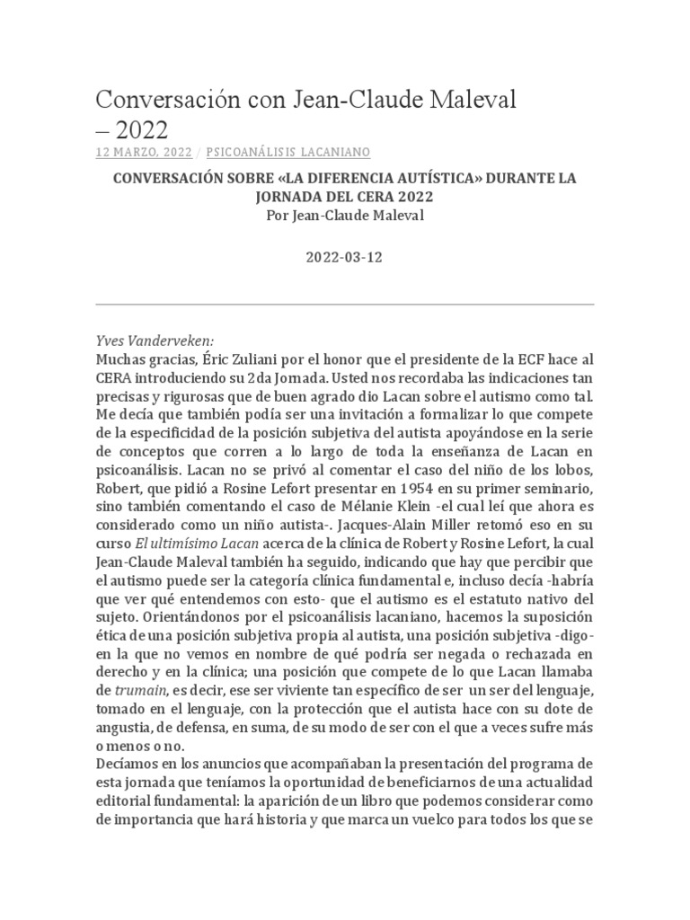 Conversación Con Maleval | PDF | Espectro autista | Jacques Lacan
