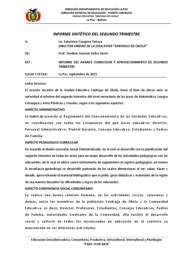 Informe Segundo Trim. | PDF | Maestros | Cognición