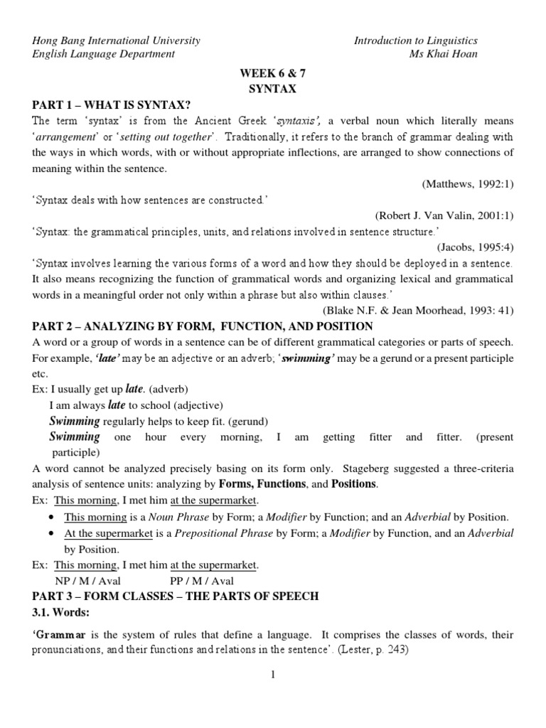 Intro To Ling W67 Syntax Handout | PDF | Part Of Speech | Adverb