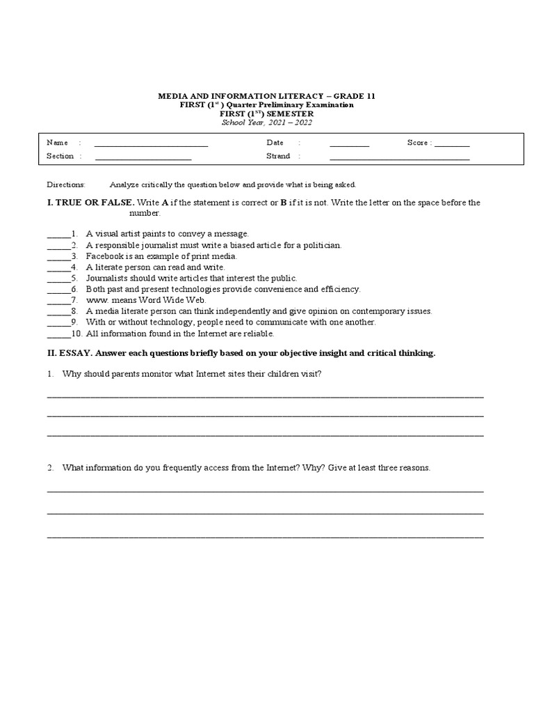 Grade 11 Media Literacy Exam Guide | PDF | Social Science
