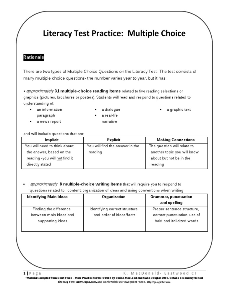 Literacy Test Practice Multiple Choice Public | PDF | Multiple Choice ...