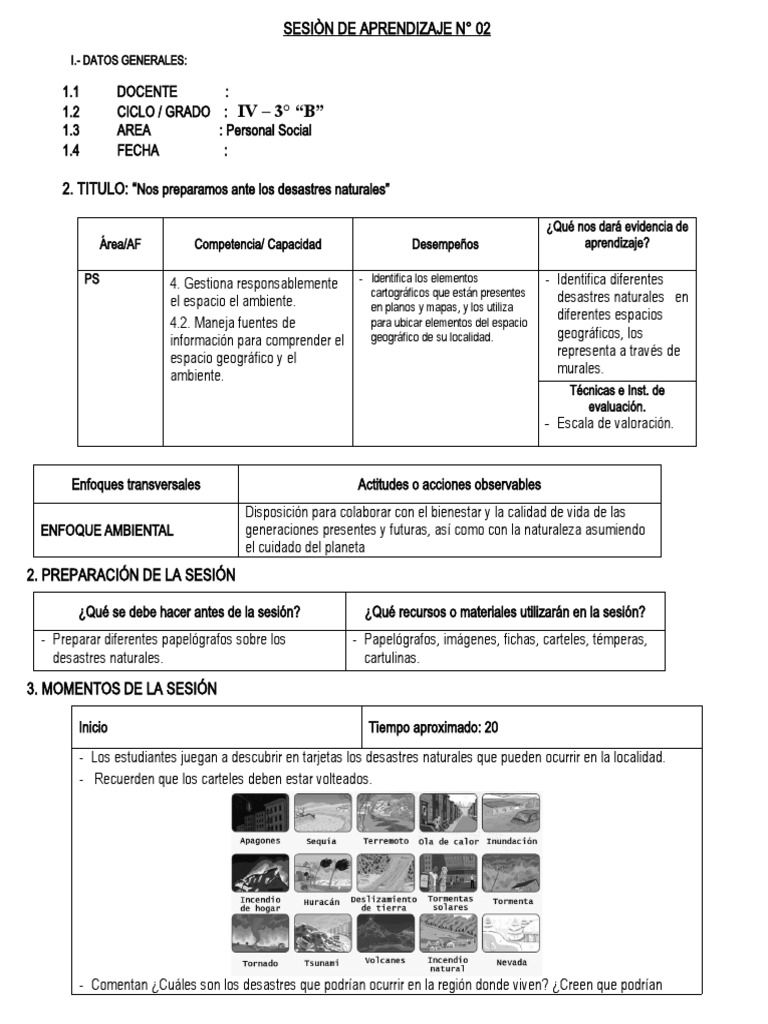 SESIÒN DE APRENDIZAJE - Nos Preparamos Ante Los Desastres Naturales ... SESIÒN DE APRENDIZAJE - Nos Preparamos Ante Los Desastres Naturales ...
