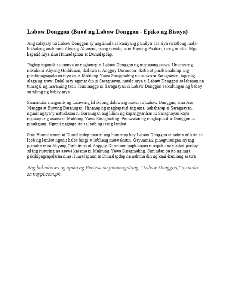 Labaw Donggon Buod NG Labaw Donggon Epiko NG Bisaya | PDF